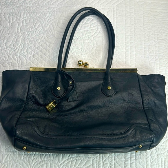 Emma Fox | Bags | Emma Fox Large Black Leather Gold Kisslock Tote Bag ...